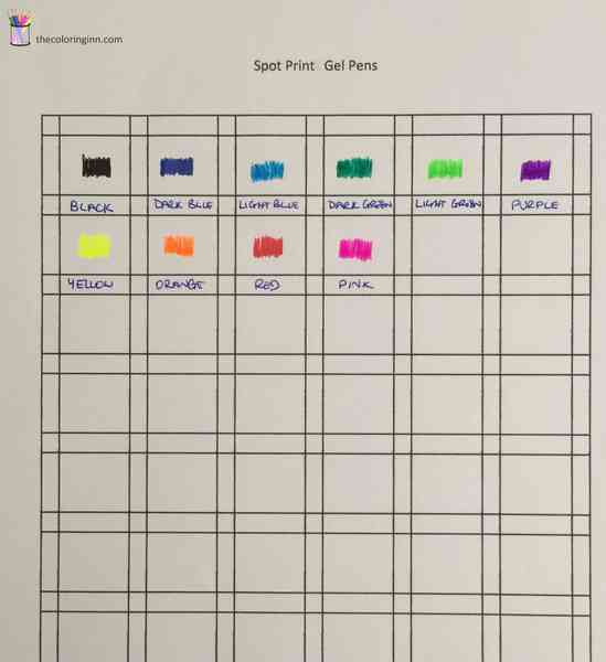 Color Charts For Gel Pens - The Coloring Inn